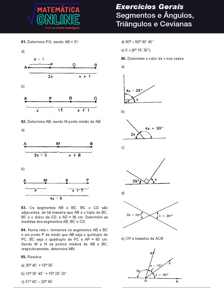 Exercícios Gerais - Segmentos de Angulos, Triangulos e Cevianas | PDF ...