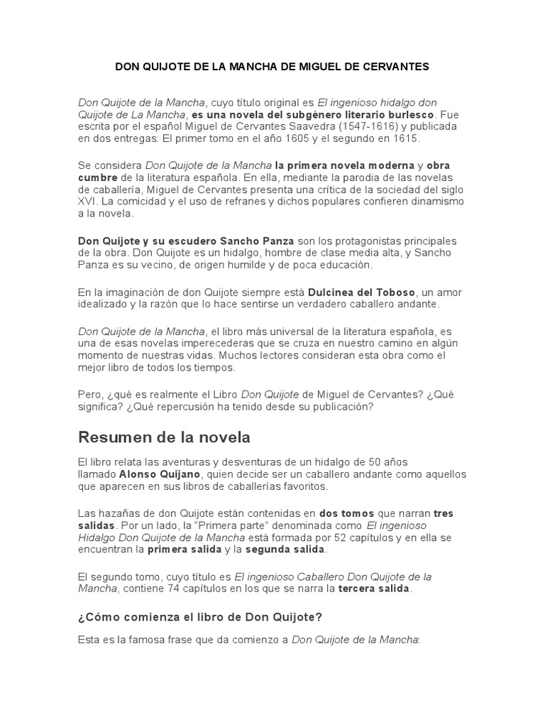 Don Quijote de la Mancha: Resumen y Análisis | PDF | Don Quijote ...