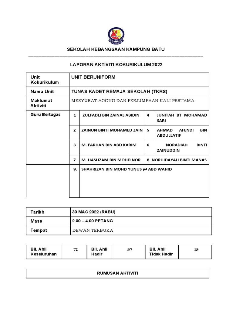 Laporan TKRS Pertama 30.3.2022 | PDF
