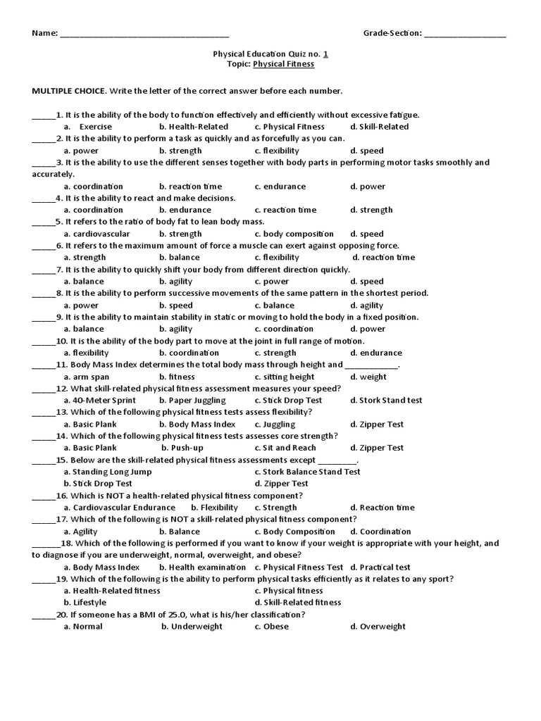 Physical Education Q1 Quiz No. 1 | PDF | Body Mass Index | Physical Fitness