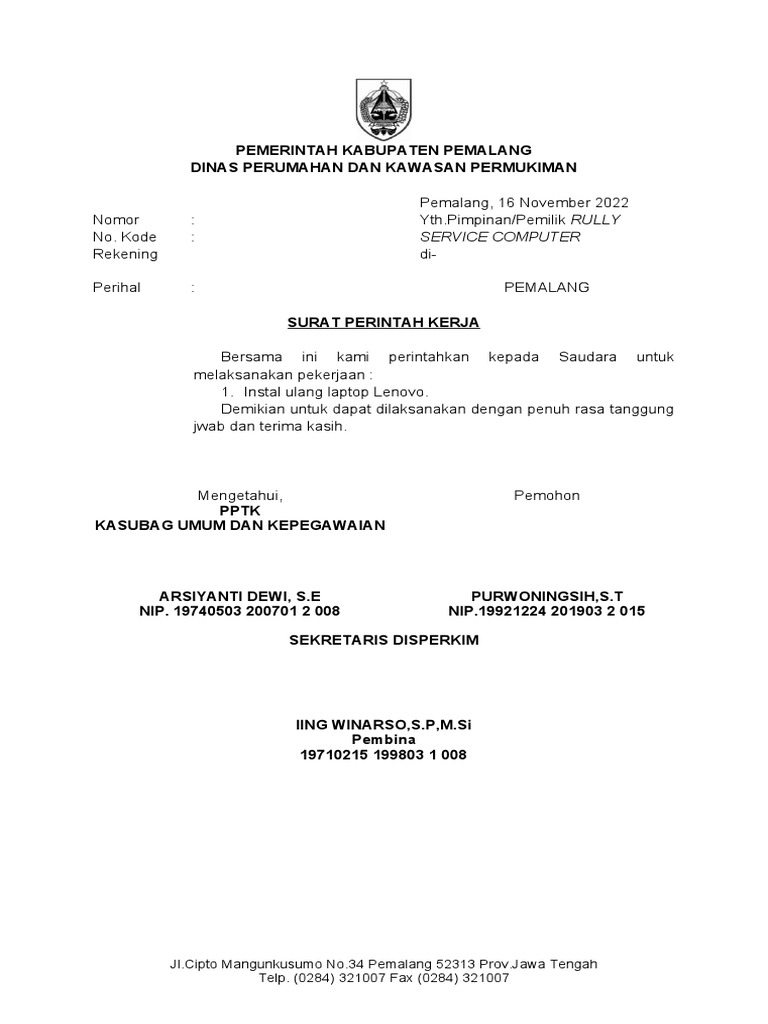 Surat Perintah Kerja Service Laptop | PDF