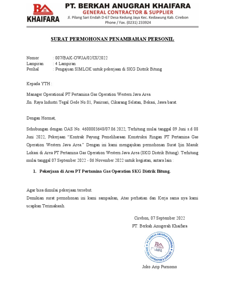 Surat Permohonan Penambahan Personil | PDF