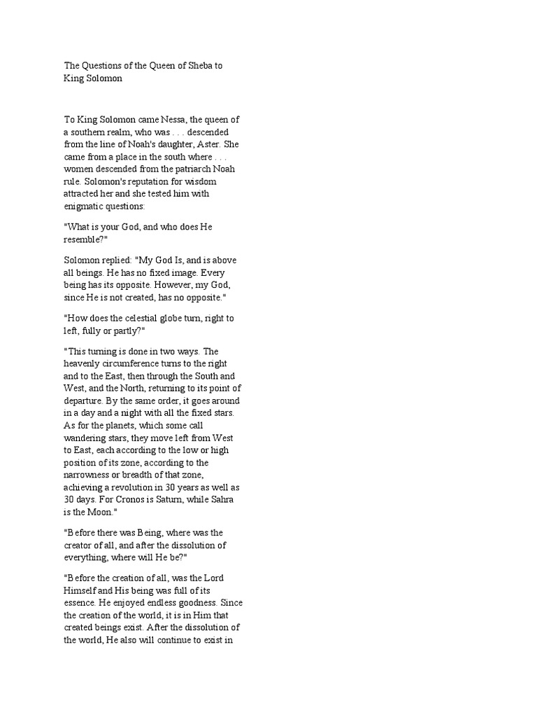 The Questions of The Queen of Sheba To King Solomon | PDF | Solomons