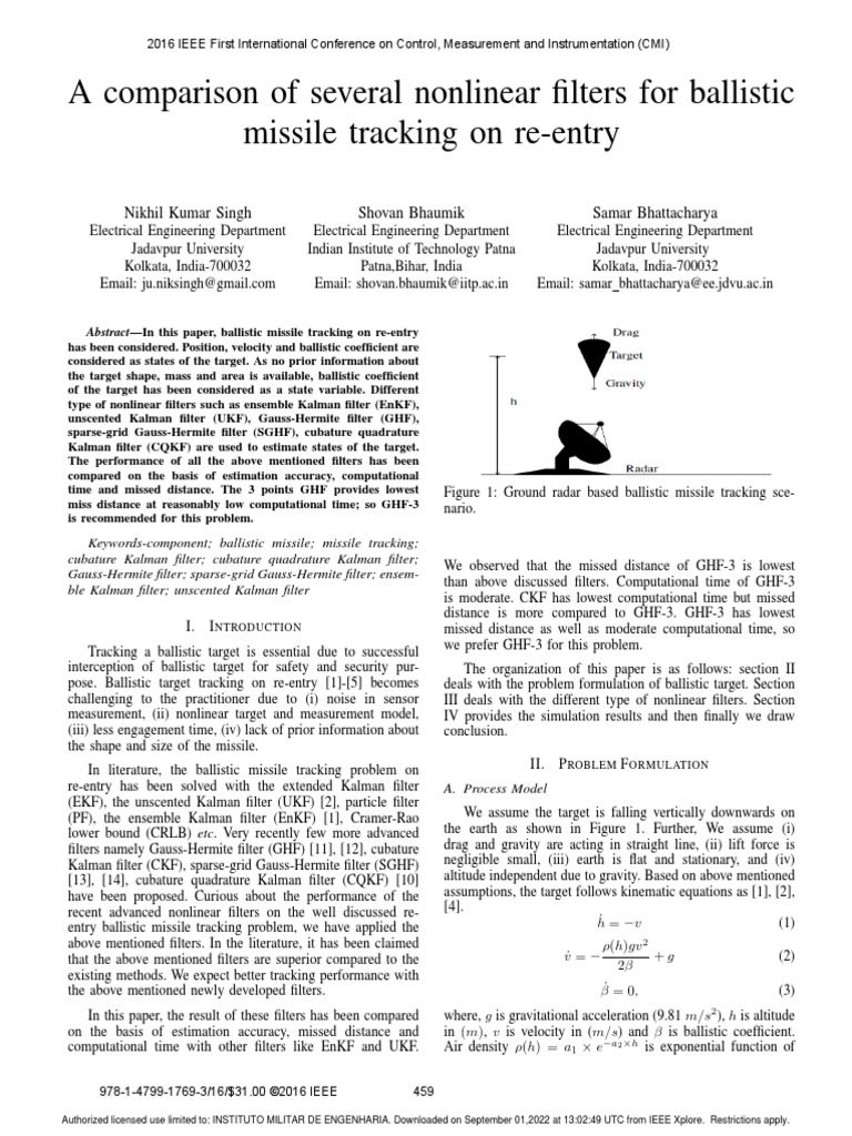 A Comparison of Several Nonlinear Filters For Ballistic Missile Tracking On Re-Entry | PDF ...