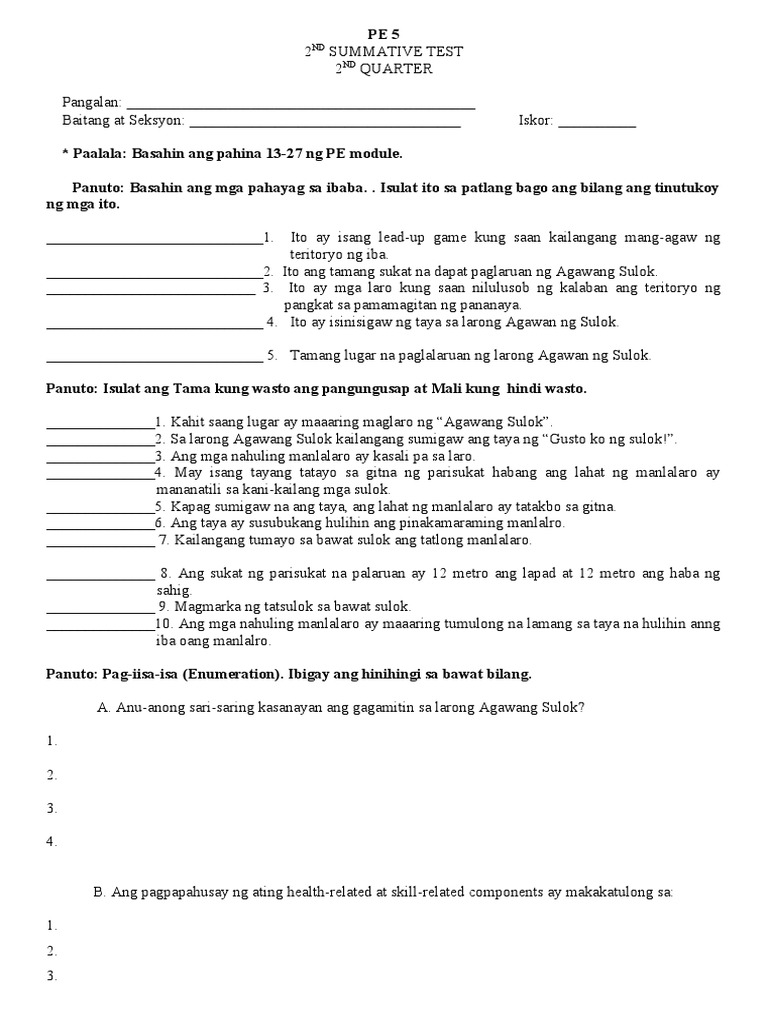 PE 5 - Q2-SM1 Week 4-6 | PDF