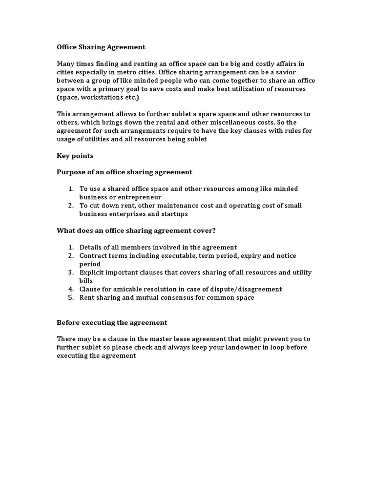 Office Sharing Agreement Essentials | PDF