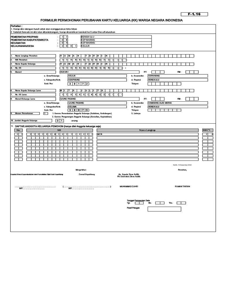 Formulir Permohonan Perubahan KK Wni | PDF