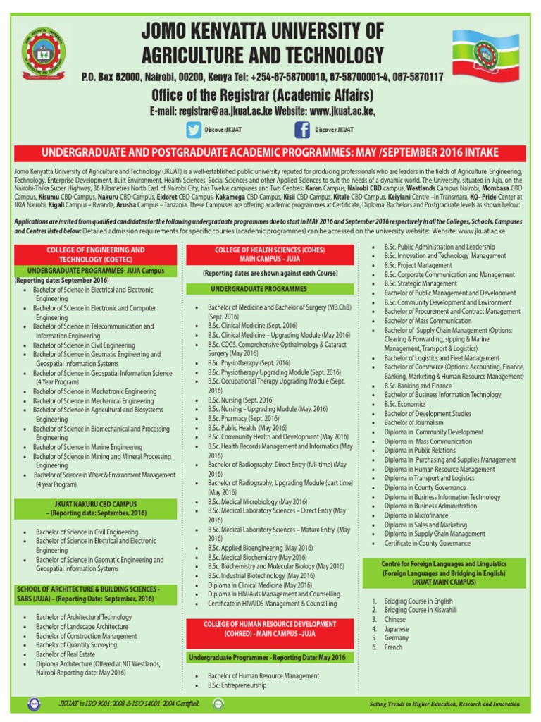 JKUAT May September 2016 Intake | PDF | Bachelor's Degree | Undergraduate Education