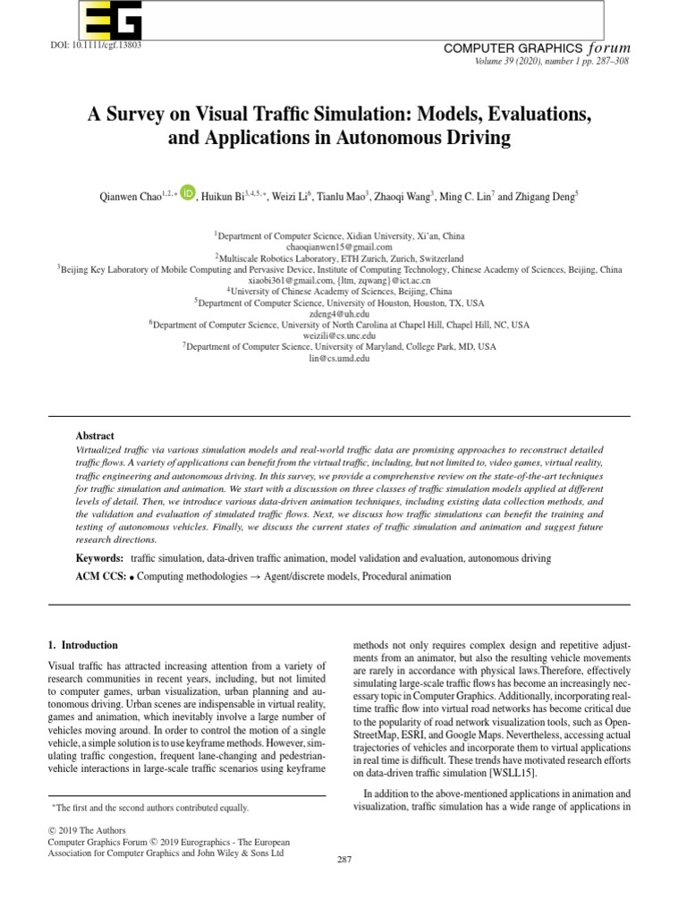 2019 EG STAR A Survey On Visual Traffic Simulation and Animation | PDF ...
