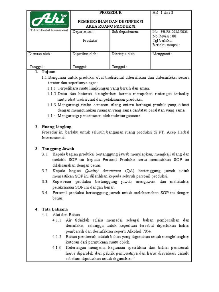 Prosedur Pembersihan Dan Disinfeksi Ruangan Produksi | PDF