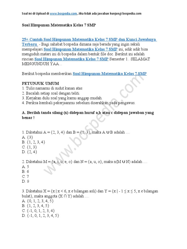 25+ Contoh Soal Himpunan Matematika Kelas 7 SMP Dan Kunci Jawabnya | PDF