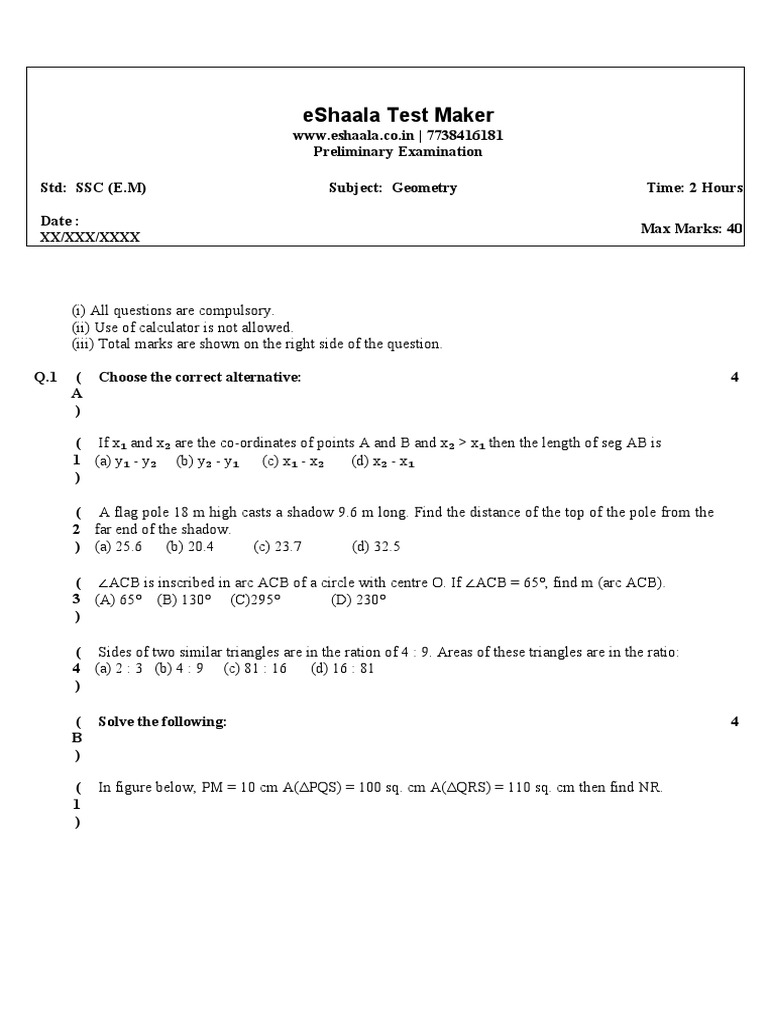 SSC Geometry Exam Question Paper | PDF | Circle | Euclidean Plane Geometry