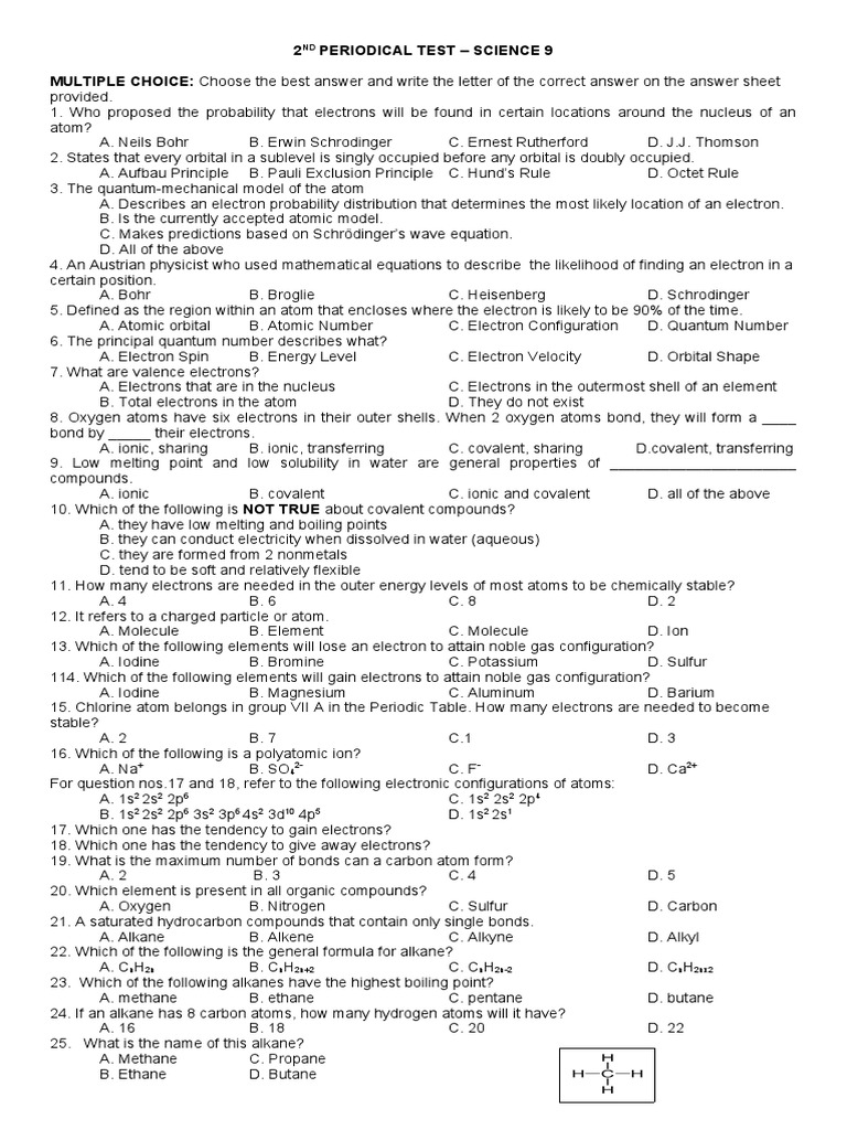 Grade 9 2nd Periodical Test | PDF | Alkane | Atomic Orbital