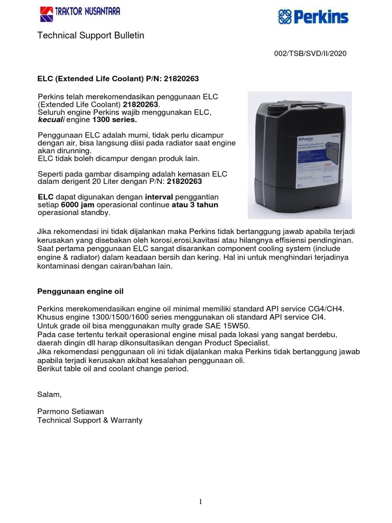 ELC (Extended Life Coolant) and Oil Engine Perkins | PDF