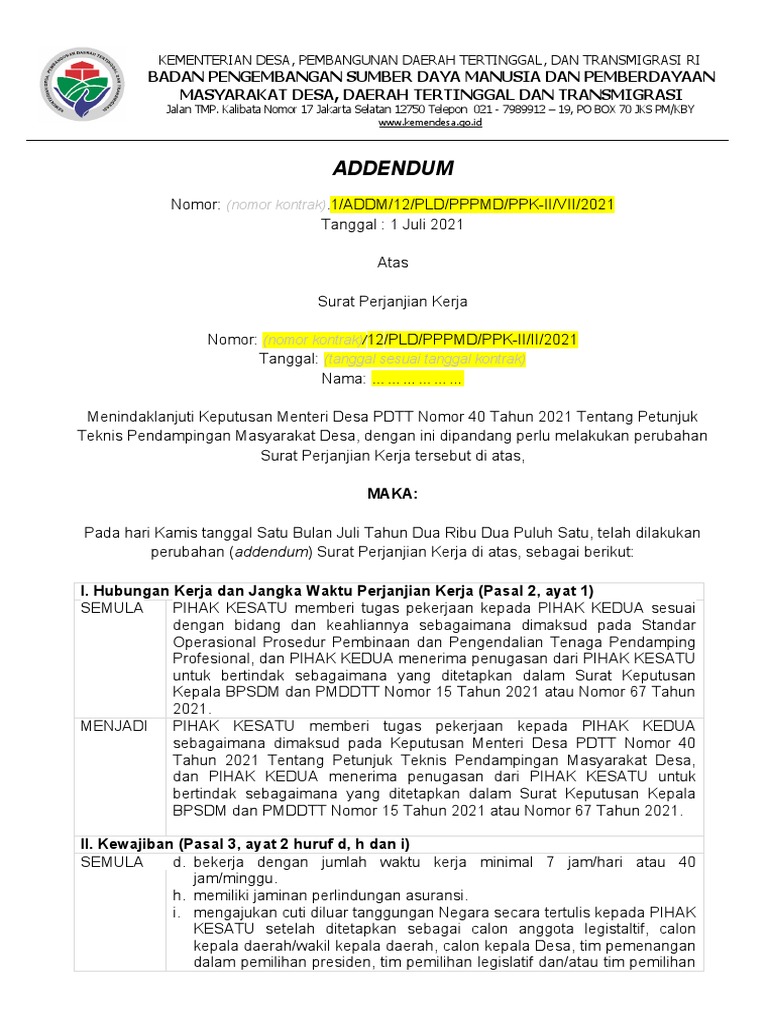 Panduan Teknis Perubahan Kontrak Kerja Pendamping Desa | PDF