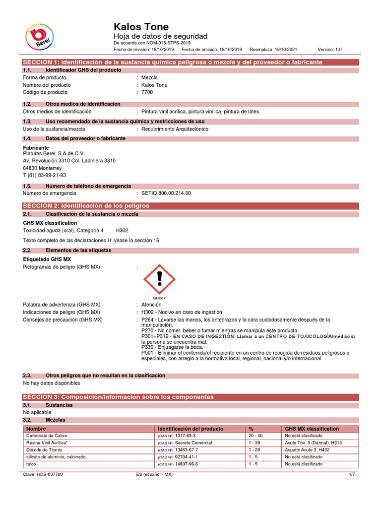 Ficha Técnica Pintura Berel Kalos - Tone | PDF | Agua | Química