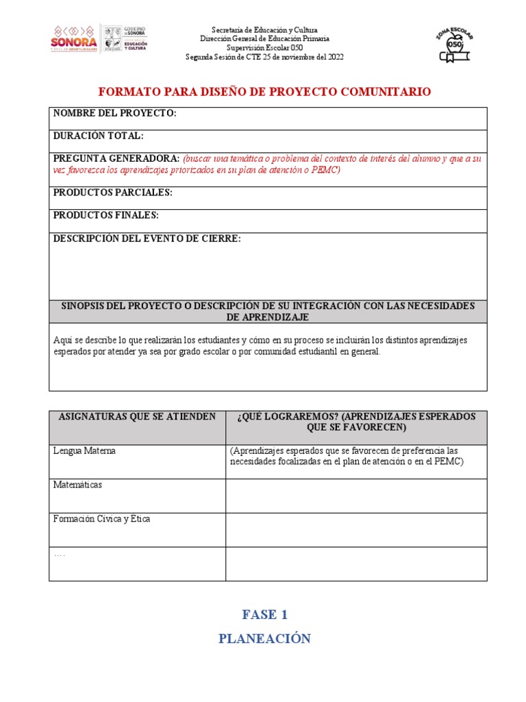Formato para Diseño de Proyecto Comunitario | PDF | Evaluación | Aprendizaje