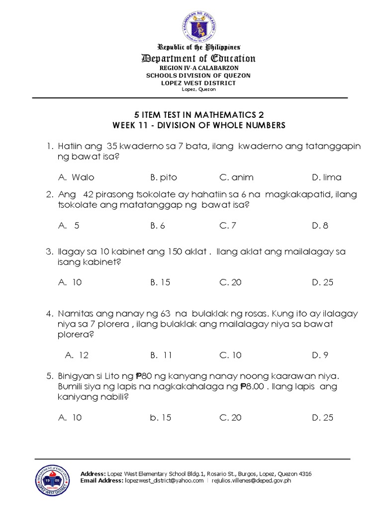 GRADE 2 - Division 5 Item Test | PDF