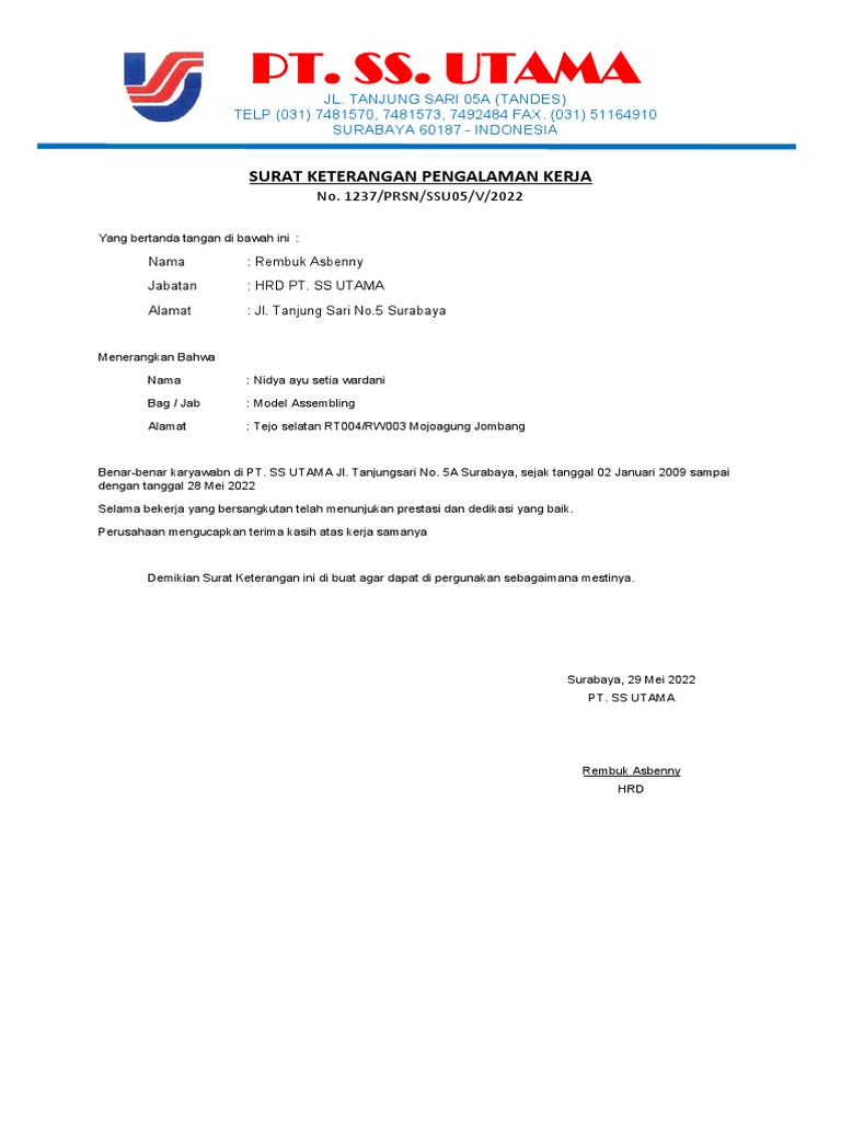 Surat Keterangan Pengalaman Kerja | PDF