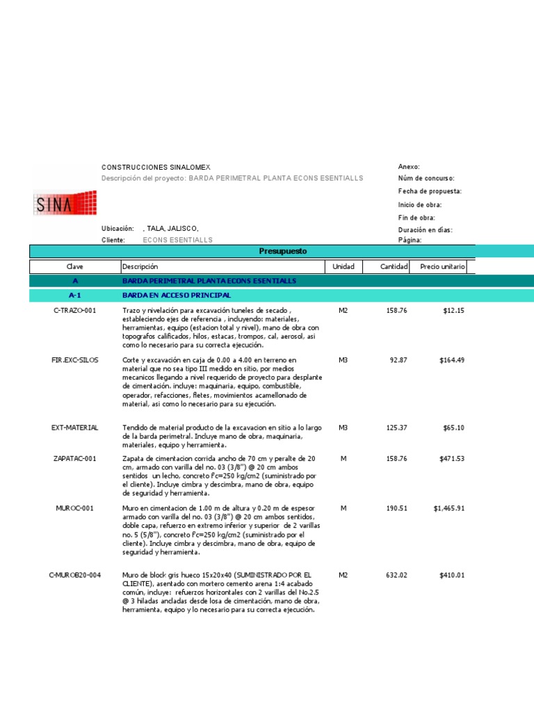 0002 Presupuesto Barda Perimetral V.002 | PDF | Fundación (Ingeniería) | Hormigón