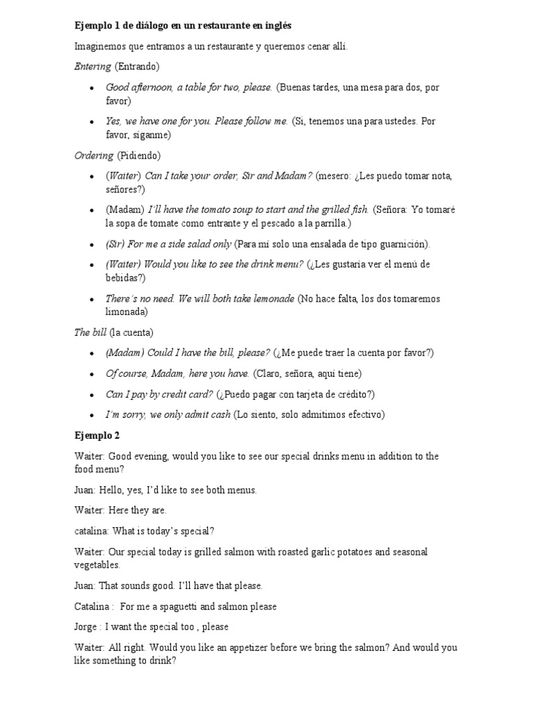 Ejemplo 1 de diálogo en un restaurante en inglés | PDF | Waiting Staff ...