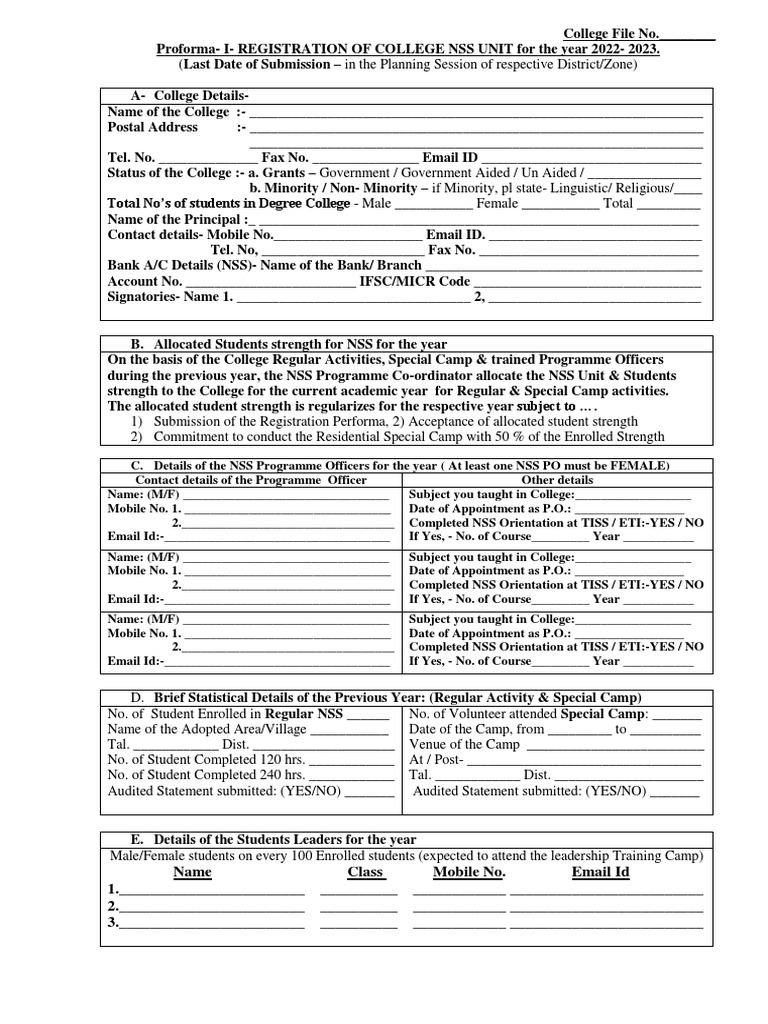 NSS Unit Registration Proforma 2022-23 | PDF | Career & Growth