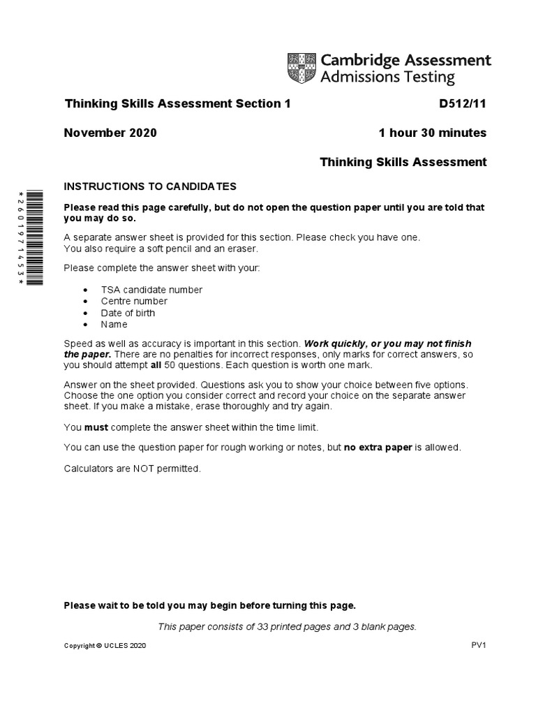 Oxford TSA (Thinking Skills Assessment) 2020 - Section 1 | PDF | Malaria | Mental Health