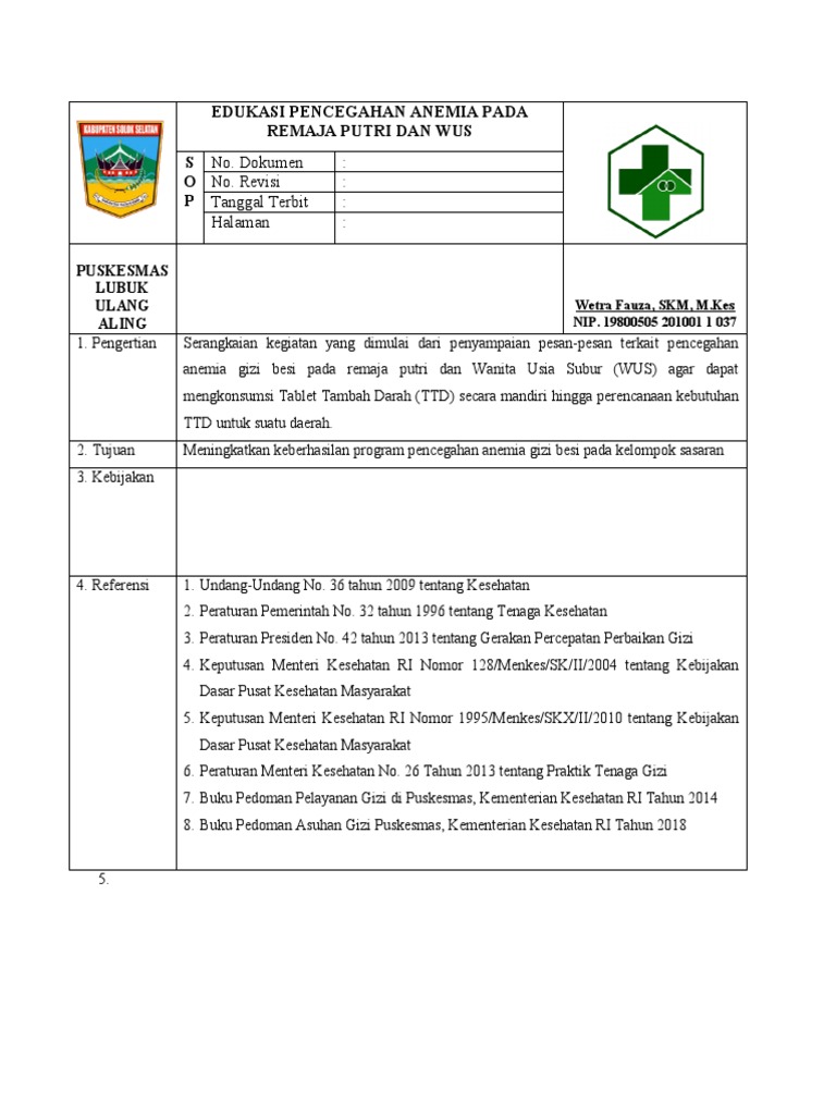 SOP 13. Edukasi Pencegahan Anemia Pada Remaja Putri Dan WUS | PDF