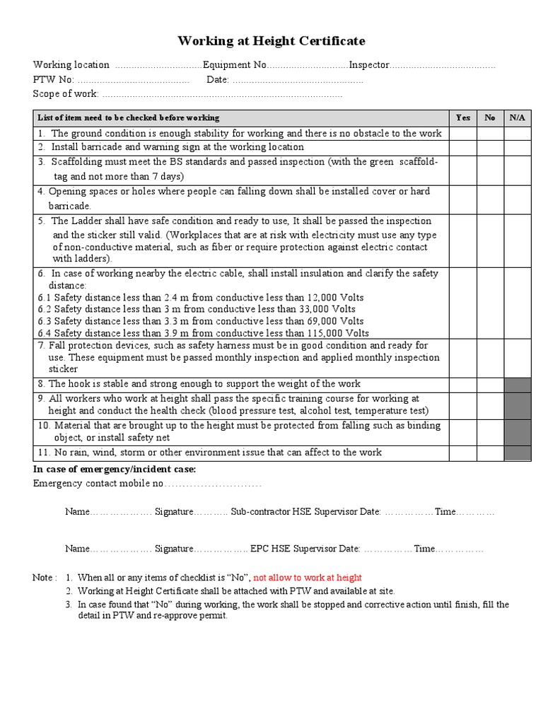 Working at Height Certificate | PDF | Insulator (Electricity) | Scaffolding