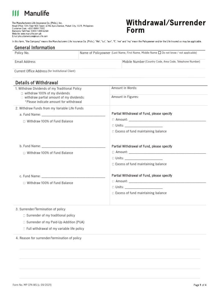MP Withdrawal and Surrender Form - Final | PDF | Insurance | Life Insurance