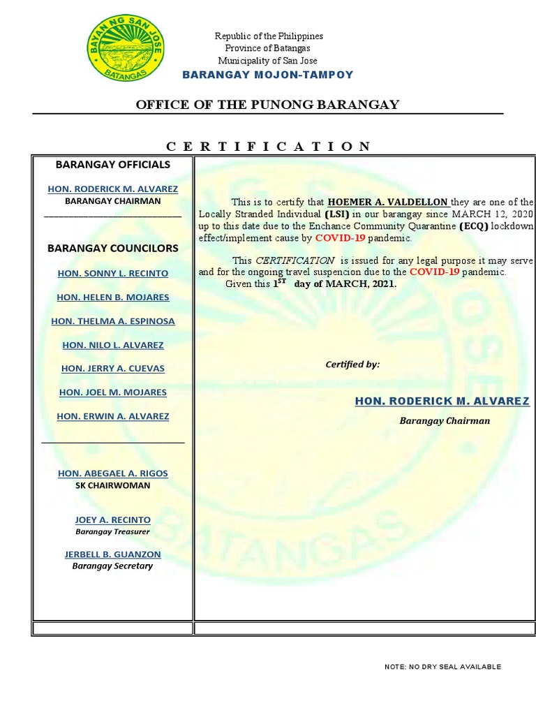 Office of The Punong Barangay C E R T I F I C A T I O N | PDF