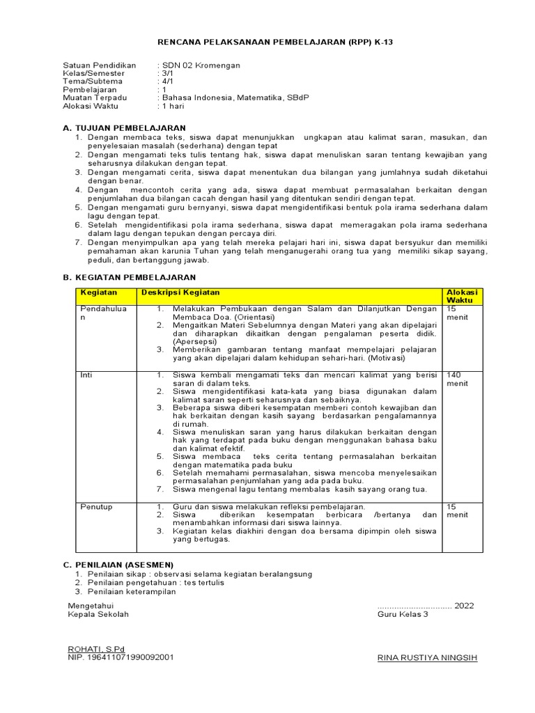 RPP Tema 4 Kelas 3 | PDF | Karier & Perkembangan