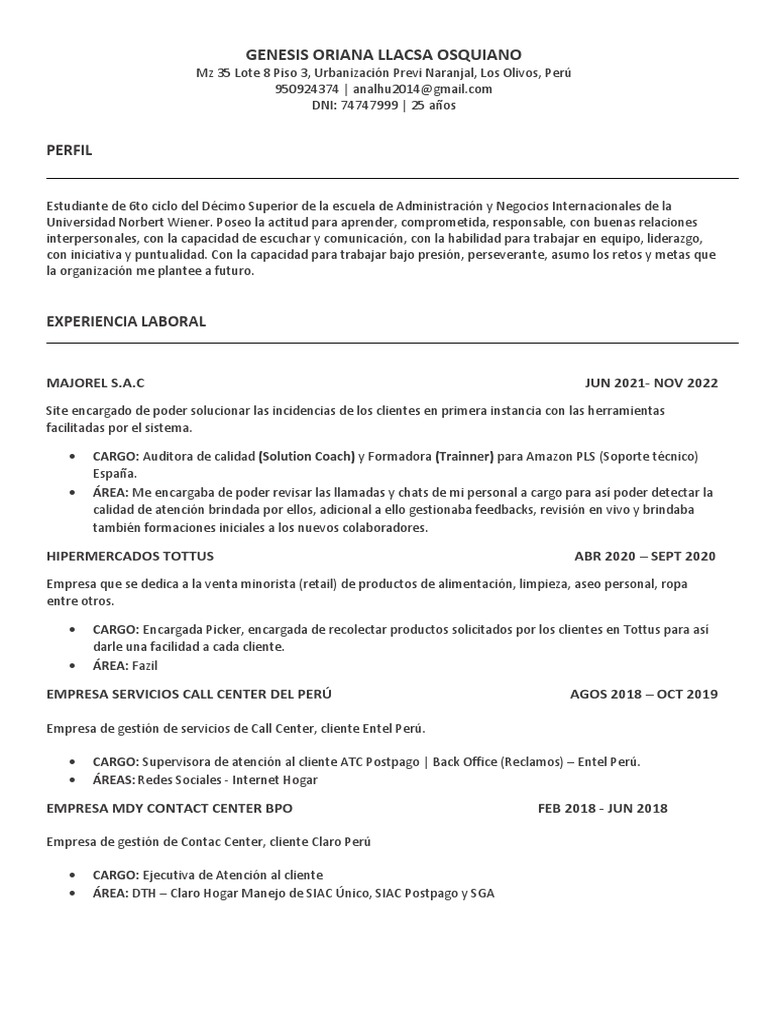 Genesis Oriana Llacsa Osquiano CV | PDF | Business