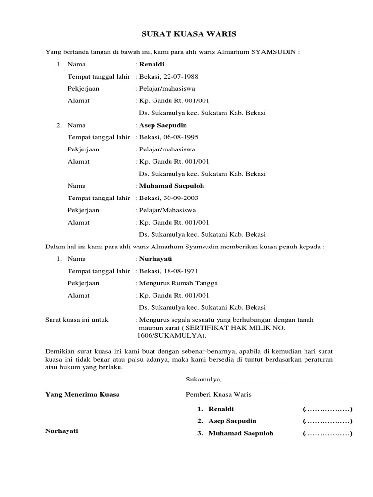 Surat Keterangan Kuasa Waris Alm. Syamsudin | PDF Surat Keterangan Kuasa Waris Alm. Syamsudin | PDF