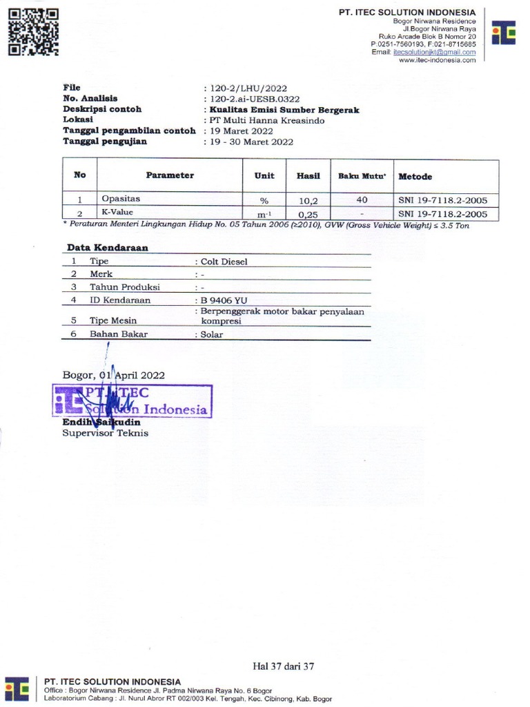 Uji Emisi - MHK - B 9406 Yu (1 Okt 2022) | PDF