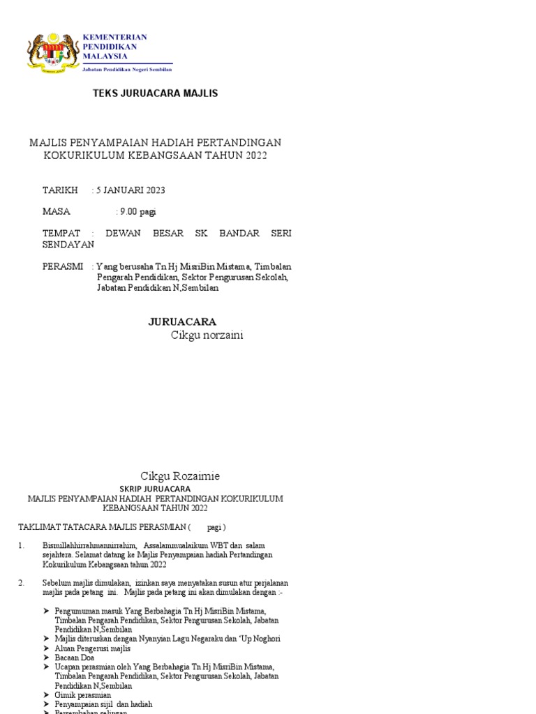 Skrip Emcee Majlis Penyampaian Hadiah Kokurikulum Kebangsaan | PDF