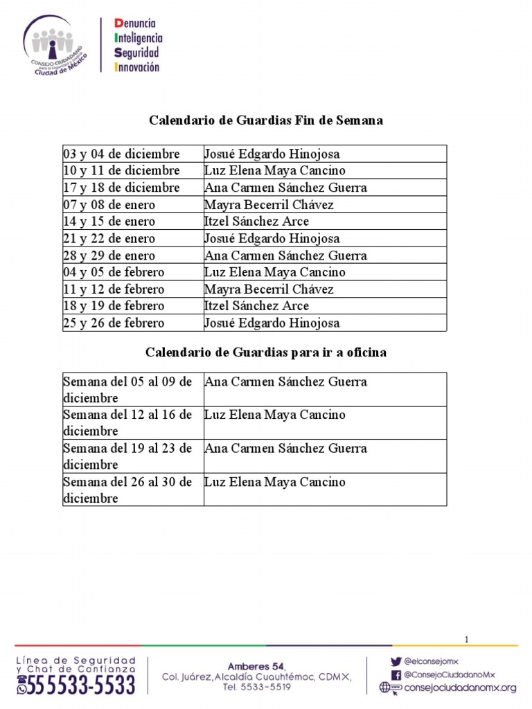 Calendario de Guardias Fin de Semana | PDF