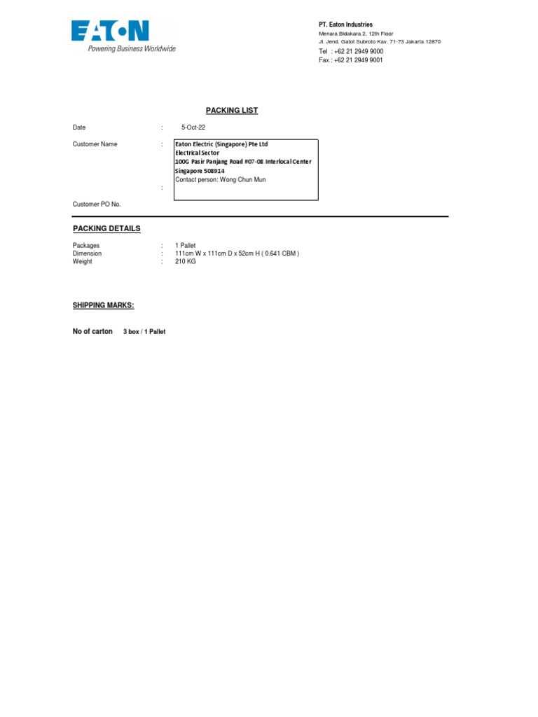 Packing List: Eaton Electric (Singapore) Pte LTD | PDF