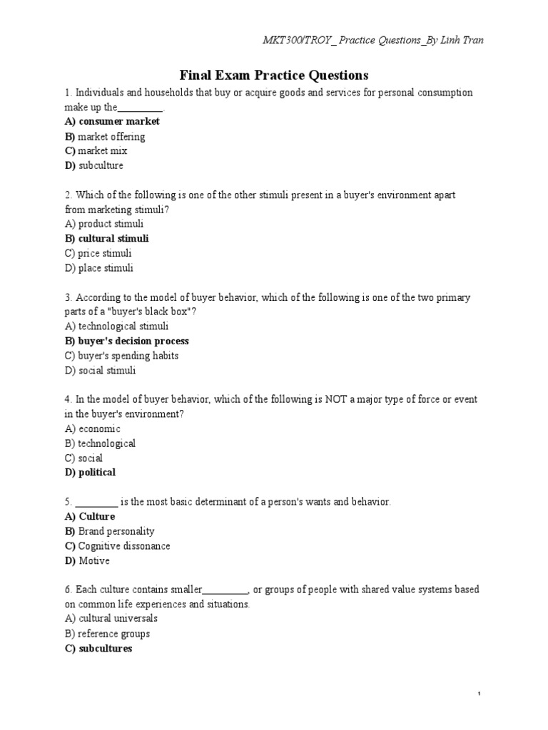 MKT300 Marketing Exam Practice Questions | PDF | Sales | Consumer Behaviour