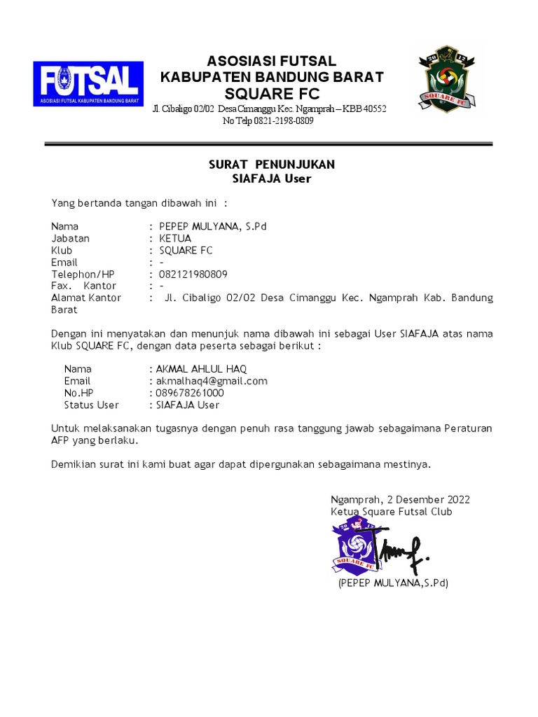 Surat Penunjukan User Siafaja (Klub) Square | PDF