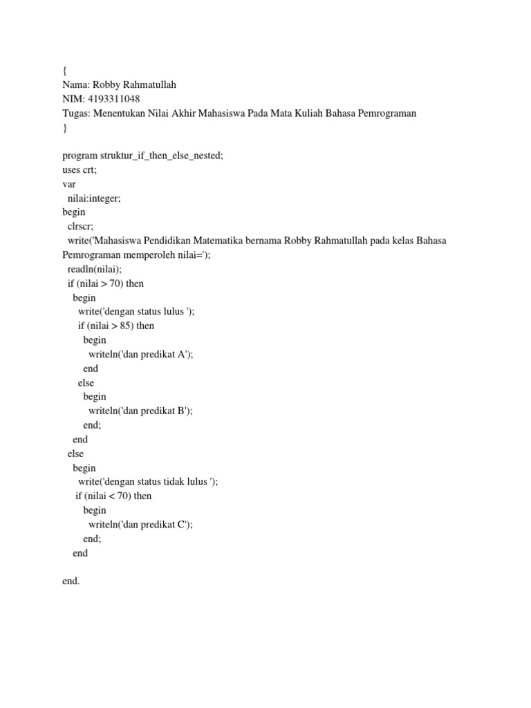 Robby Rahmatullah - 4193311048 - Tugas Menentukan Nilai Akhir Mahasiswa Menggunakan Pascal | PDF