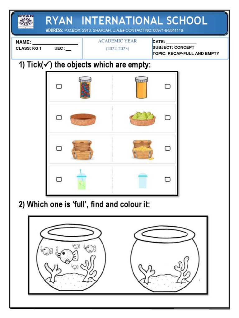 Ryan International School: 1) Tick ( ) The Objects Which Are Empty | PDF