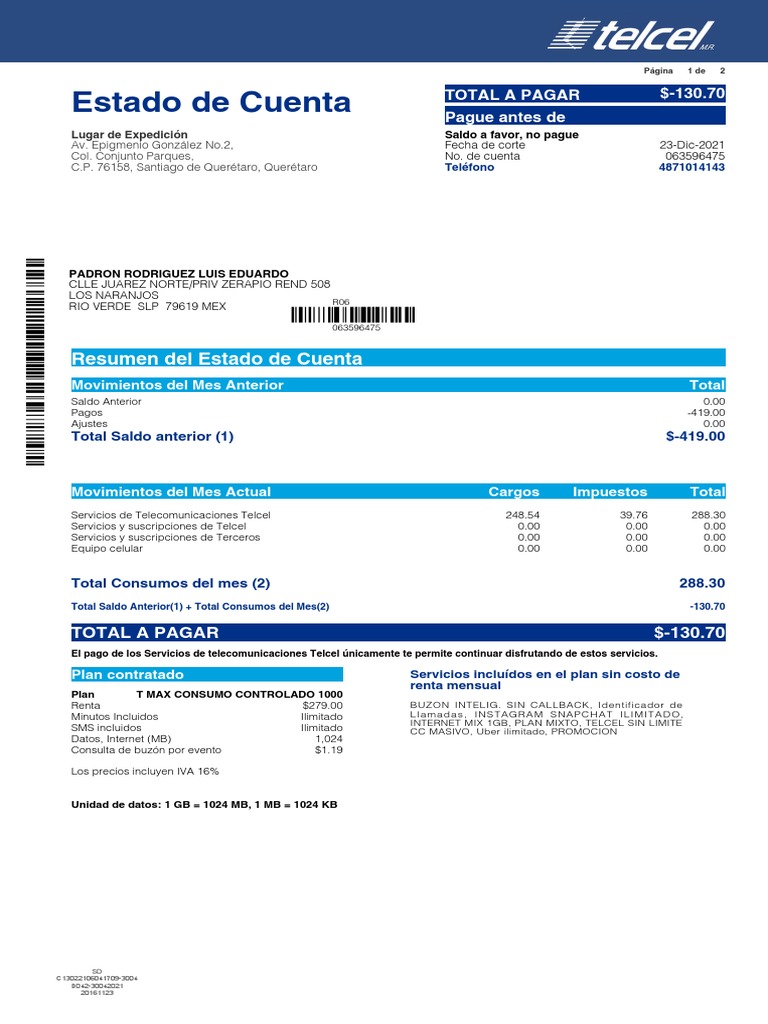 Factura Mi Telcel | PDF | Telecomunicaciones | Pagos