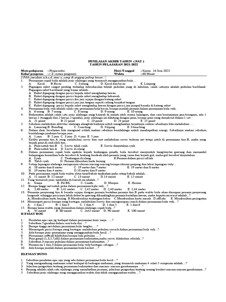 Soal Pat Pjok Kelas X 2122 Terbaru | PDF