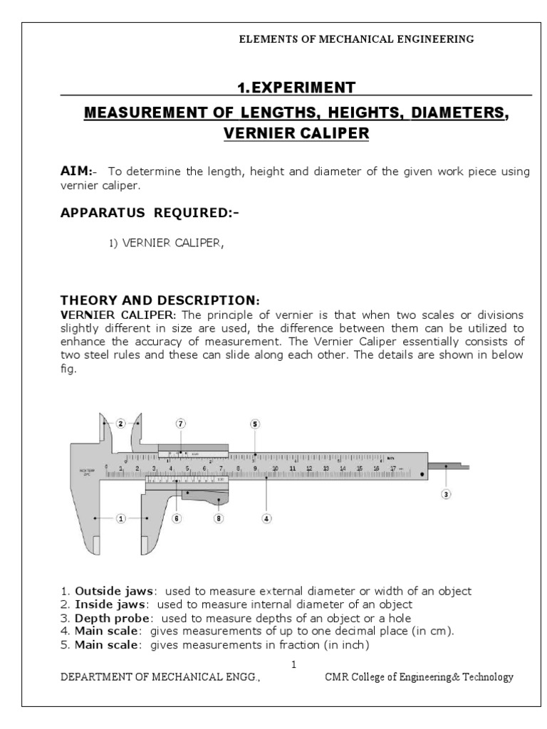 Experiment Measurement of Lengths, Heights, Diameters, Vernier Caliper ...