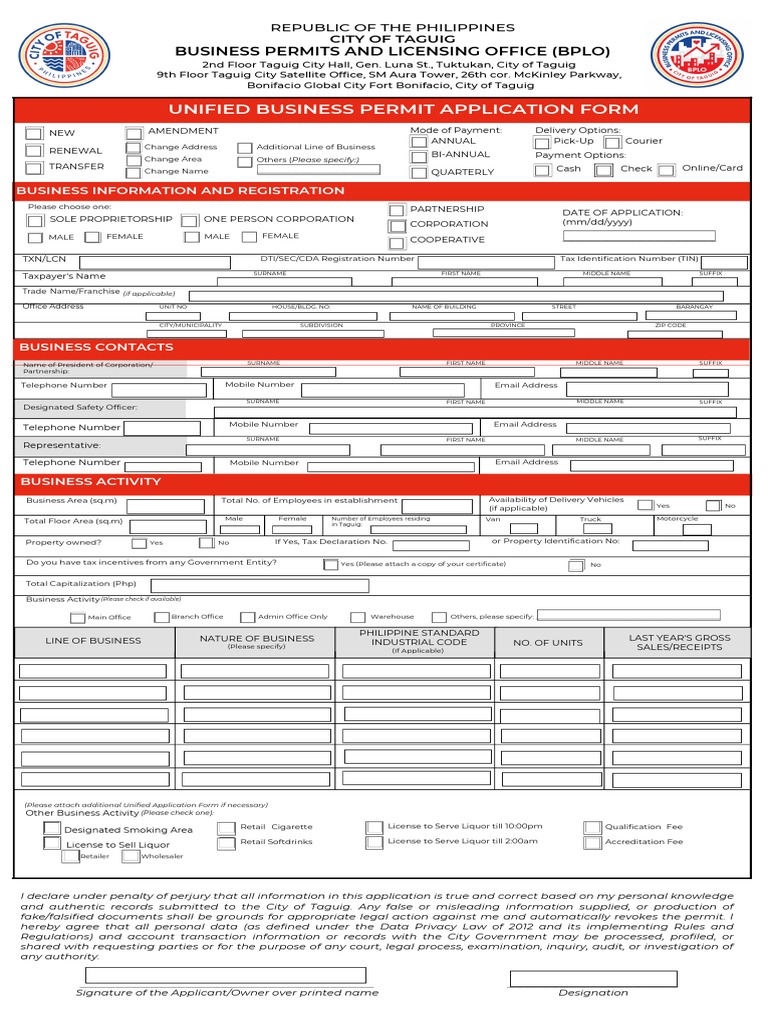 Taguig BPLO Business Permit Application Form | PDF | License | Business