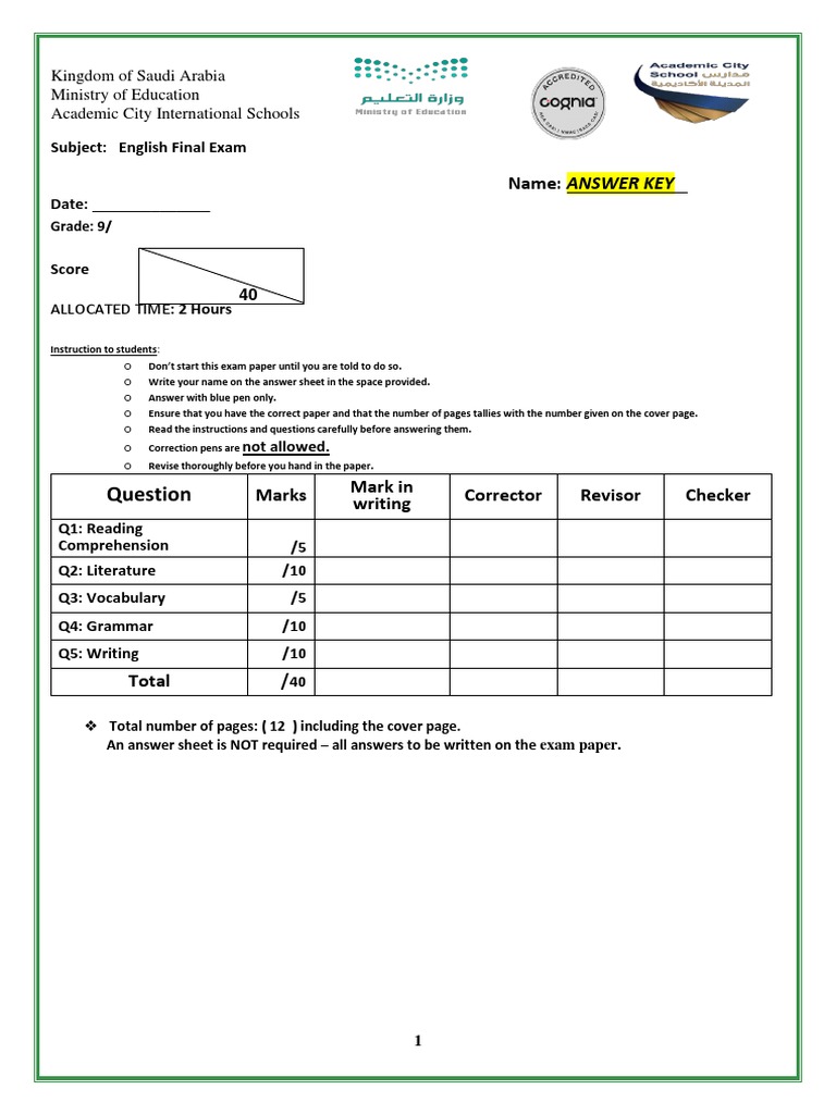 ANSWER KEY (LAST DRAFT) G.9 1st Term Final English Test | PDF | Verb ...
