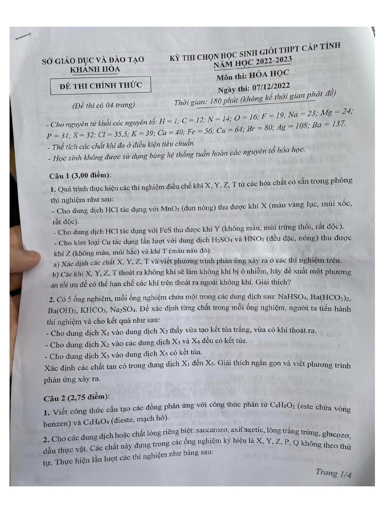 de HSG 12 Khanh Hoa Nam 2022 - 2023 | PDF