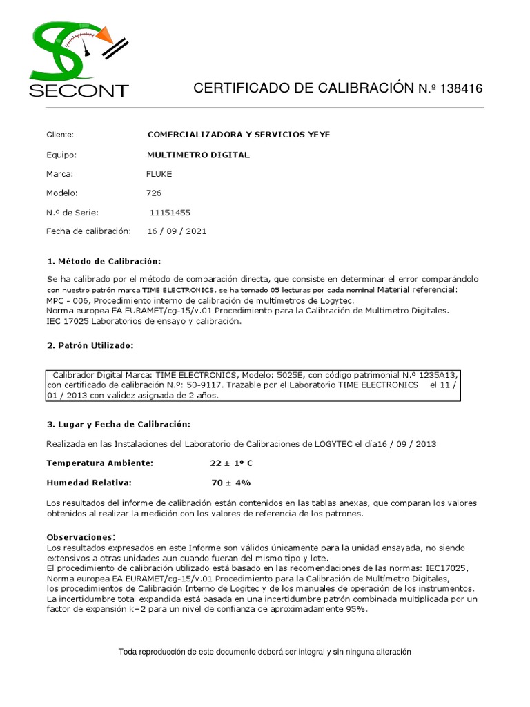 Certificación de Multimetro | PDF | Calibración | Metrología