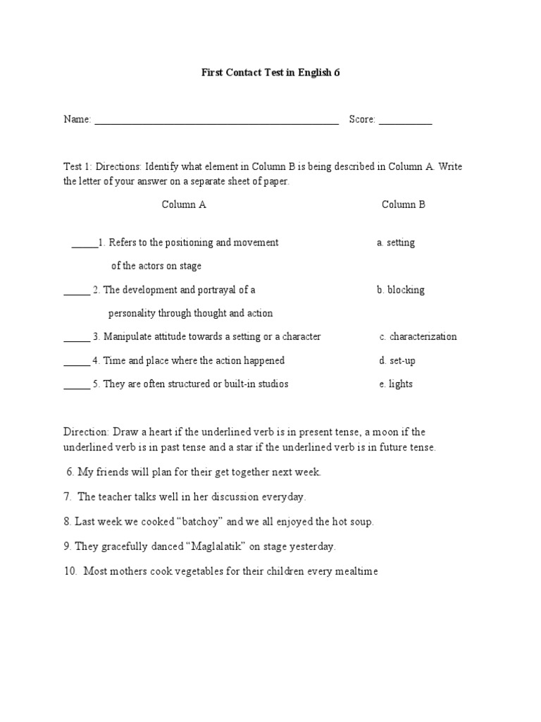 English 6 First Contact Test Guide | PDF | Foreign Language Studies